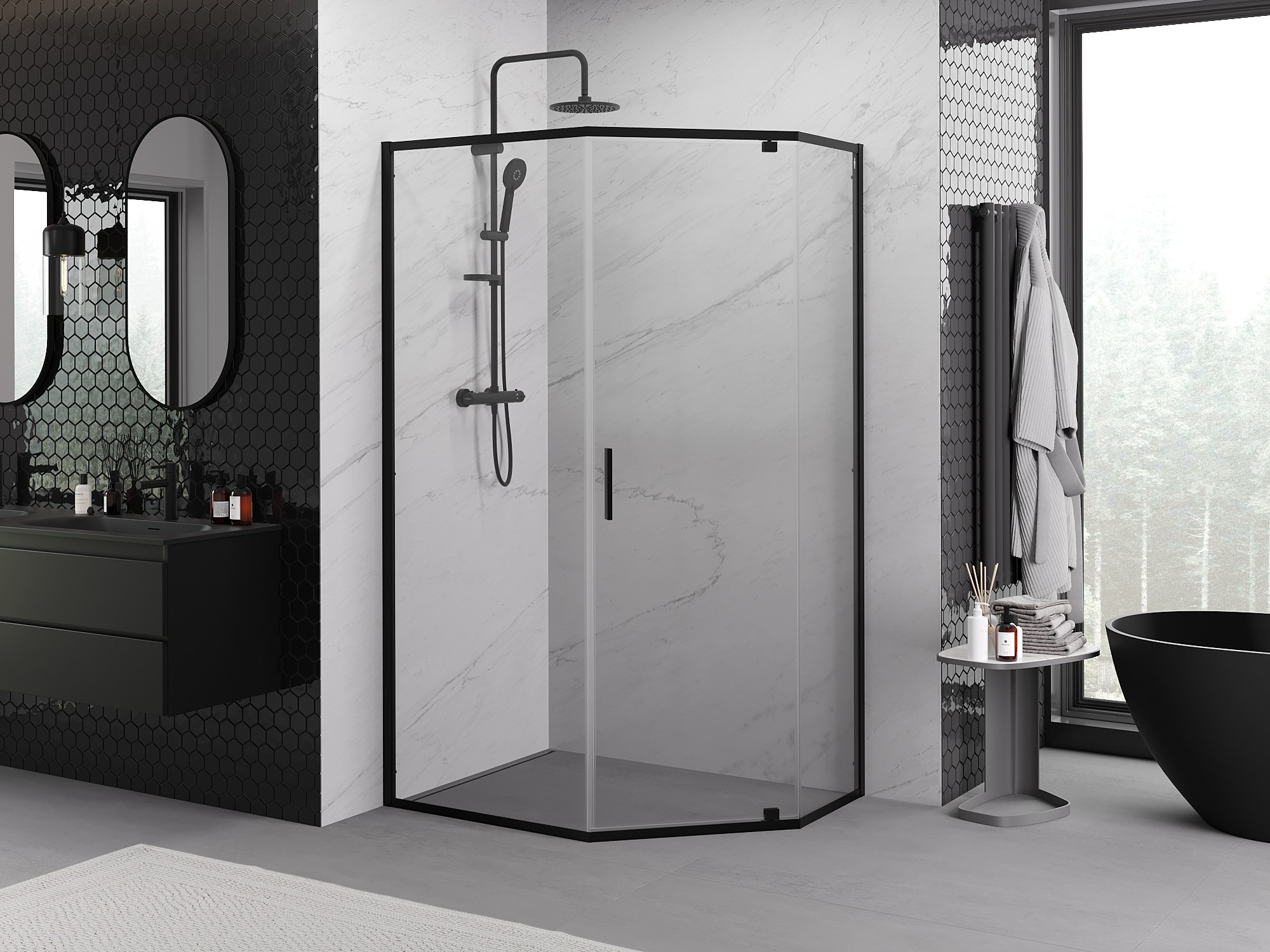 Black Pentagonal Cabin - Modern Geometry in an Elegant Bathroom - Mexen ...